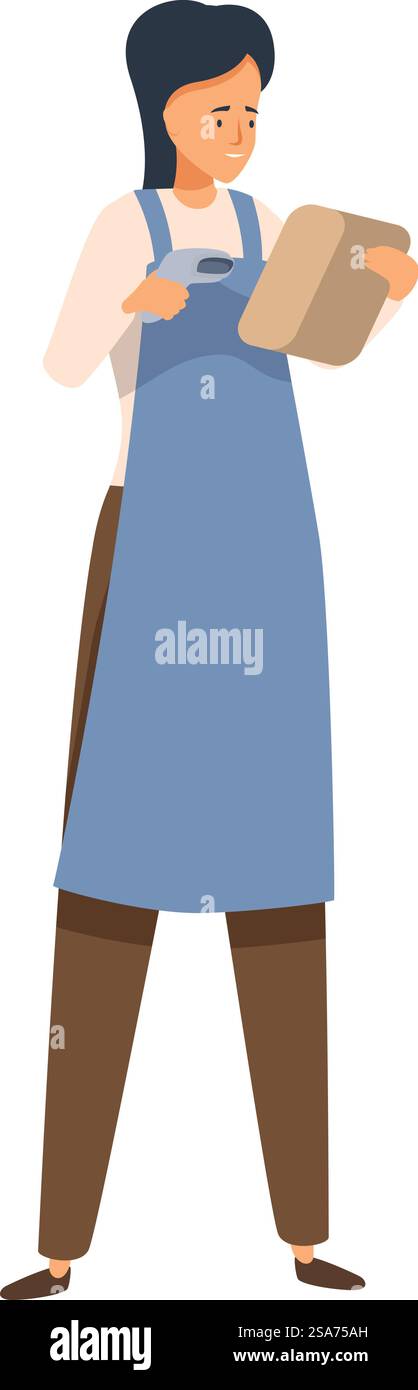 Young female shop assistant is scanning a package with a barcode ...