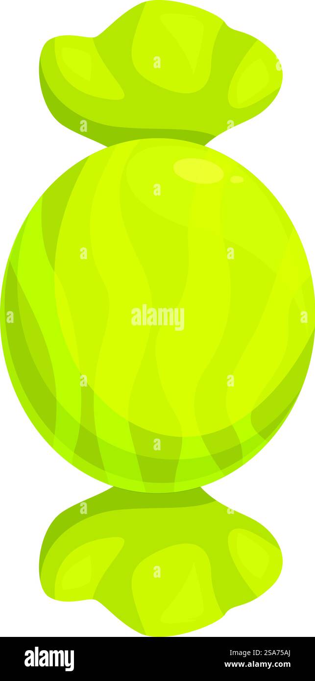 Green round candy with stripes is folded and packed in a transparent ...