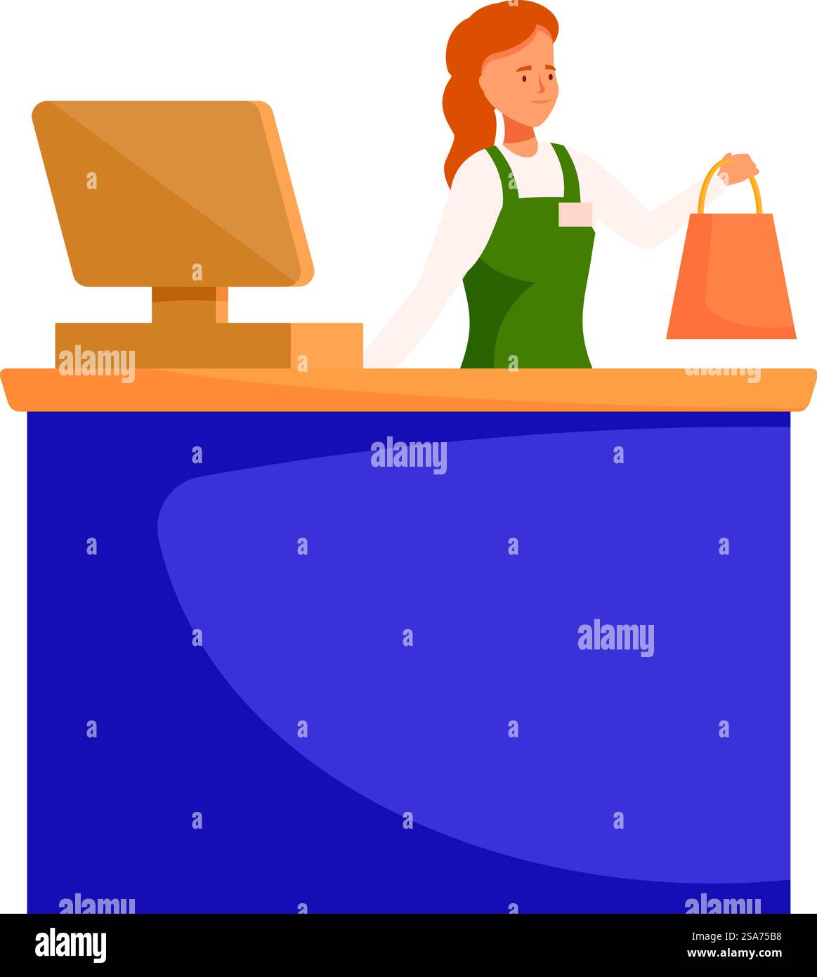 Friendly cashier is holding a shopping bag while standing behind the ...