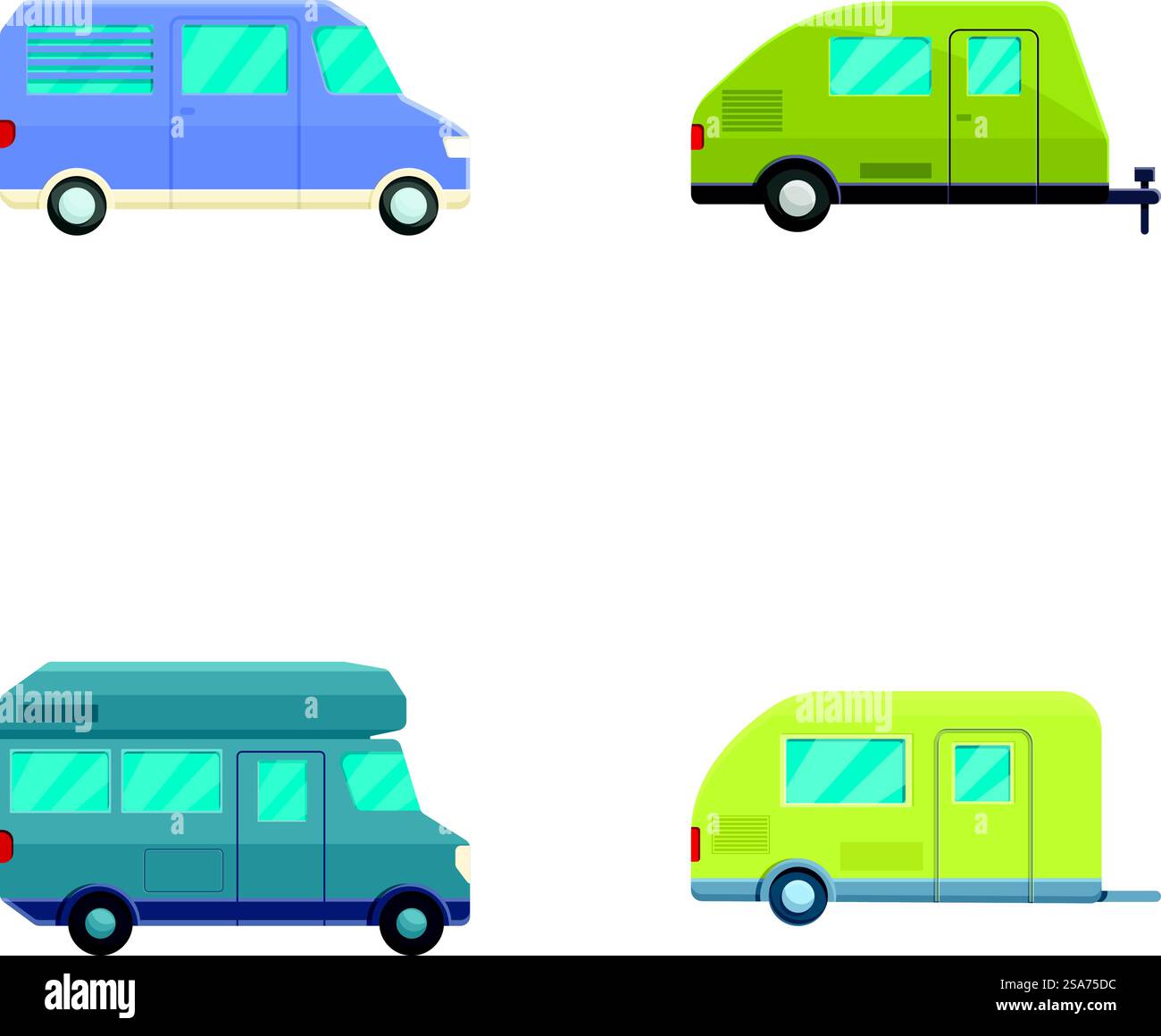 Camper van icons set cartoon vector. Van and pickup truck with trailer ...