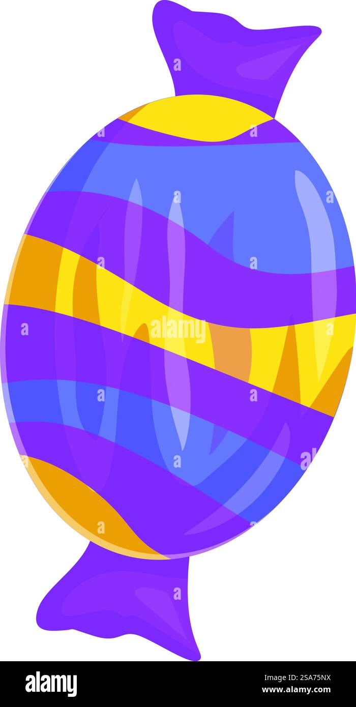 Round candy with purple wrapping showing yellow stripes, isolated on a ...