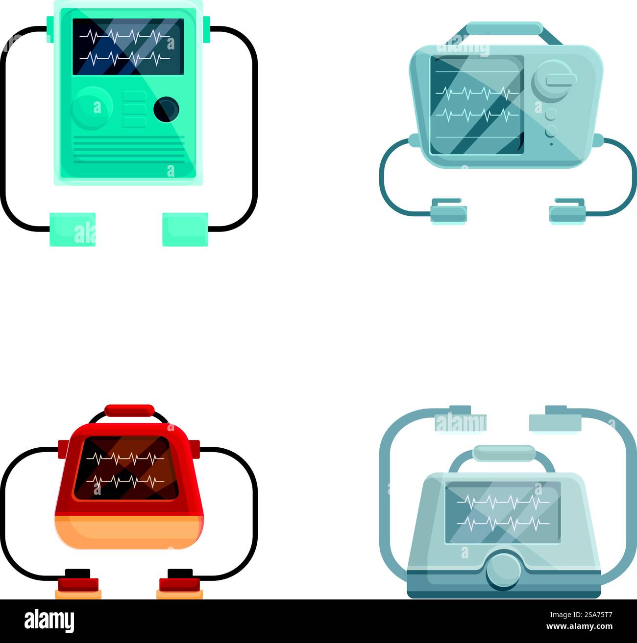 Aed icons set cartoon vector. Automated external defibrillator. Cardiology, medical equipment ...
