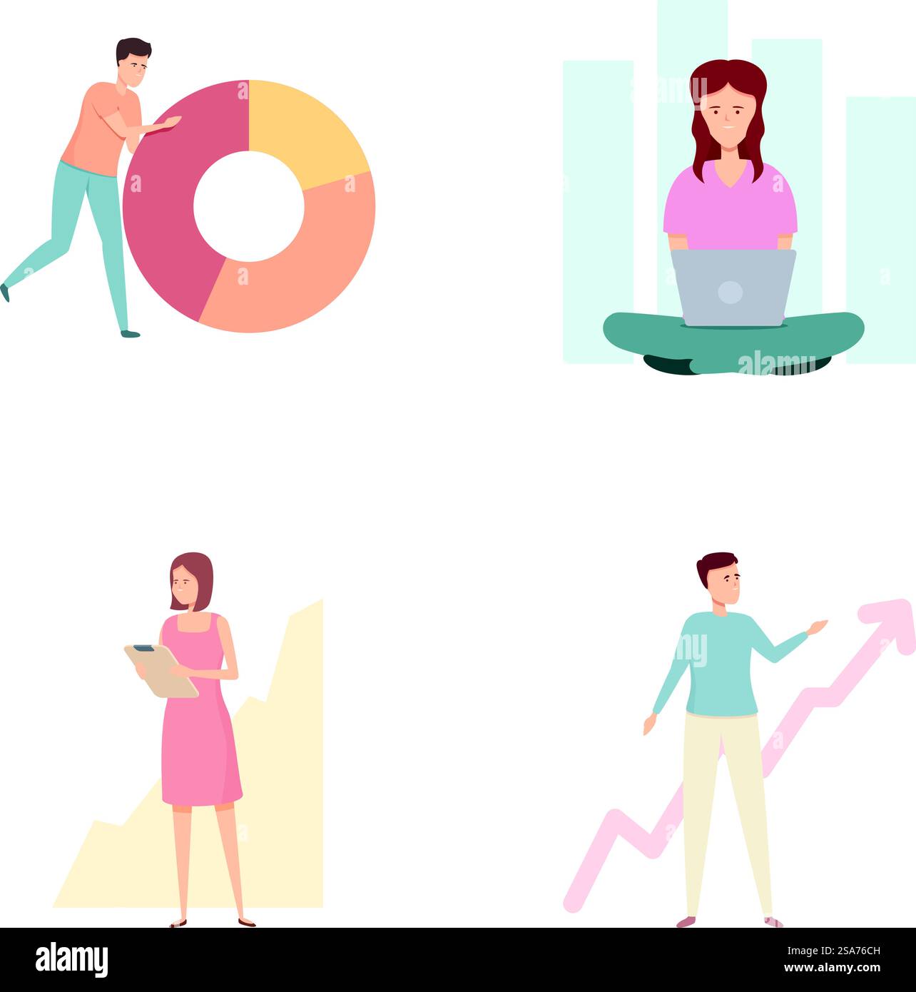 Benchmarking icons set cartoon vector. Men and women testing product ...