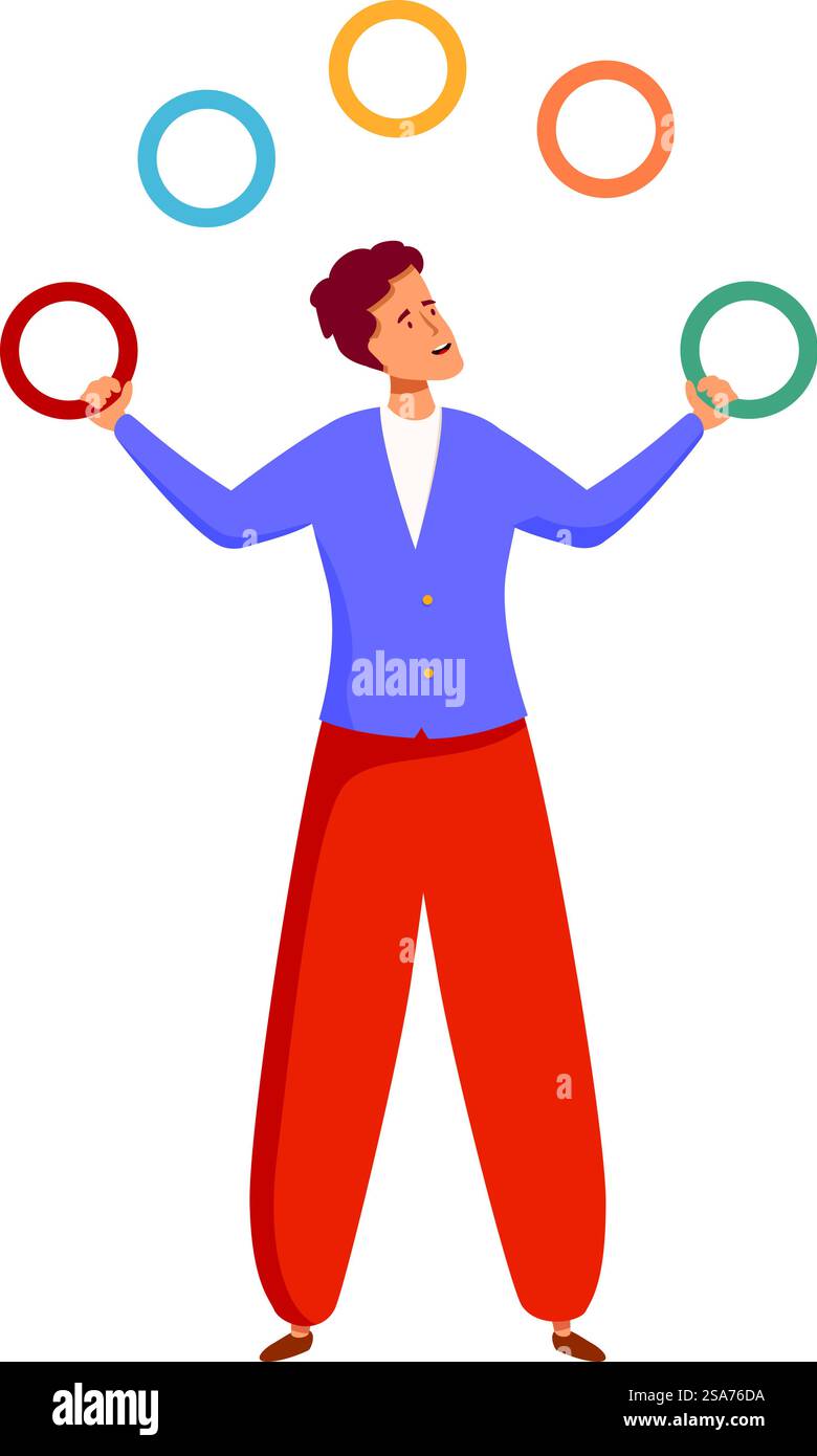 Male juggler wearing bright costume juggling rings, circus performer showing his talent. Juggler ...