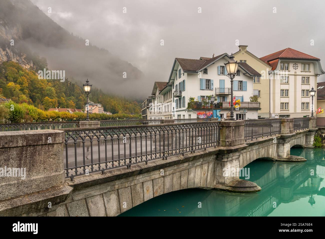 City street in downtown with fall foliage color, Interlaken ...