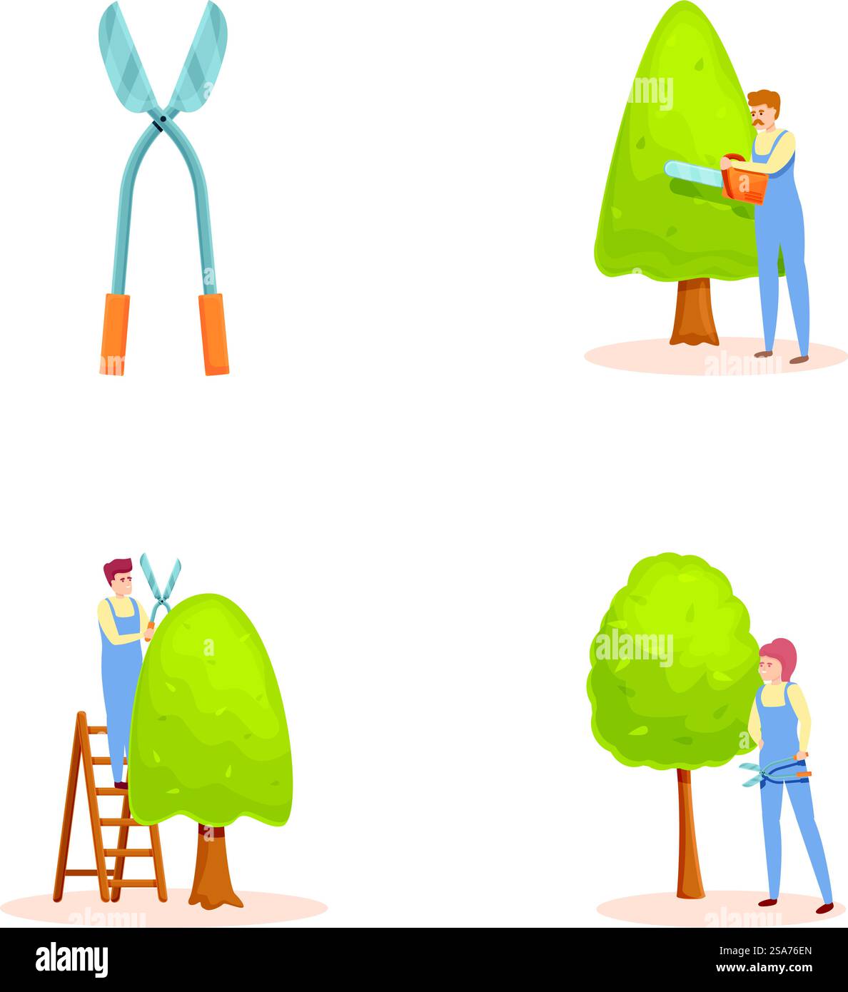 Pruning work icons set cartoon vector. Professional gardener with ...