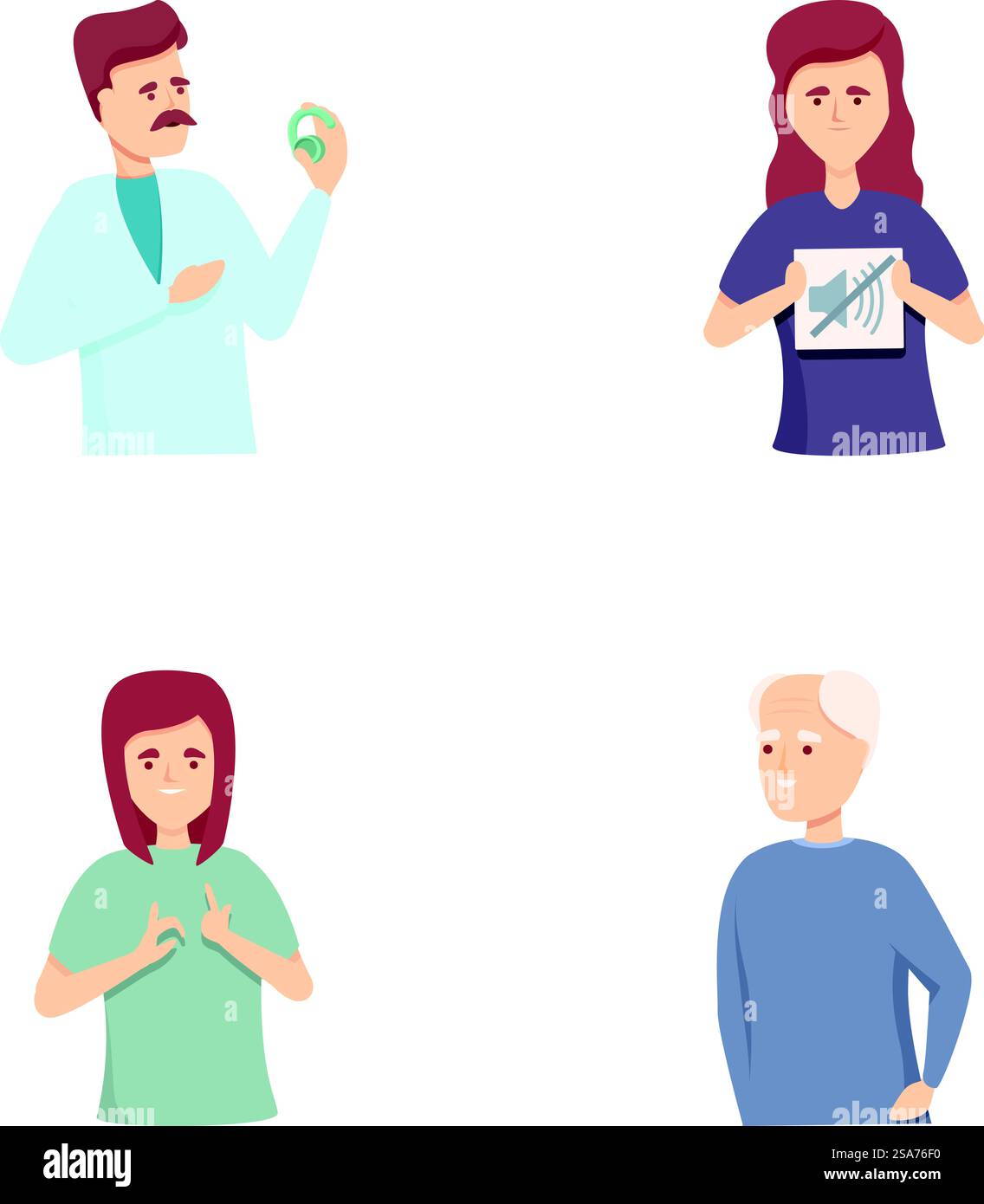 Deaf character icons set cartoon vector. Deaf people with hearing ...