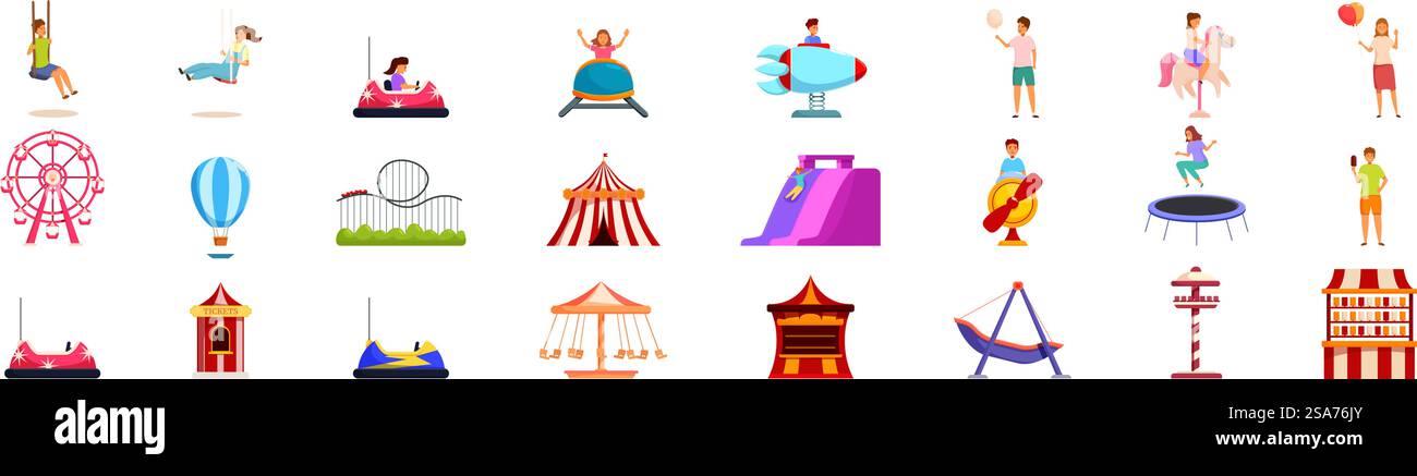 Kids amusement park icons set. People enjoying themselves on amusement ...