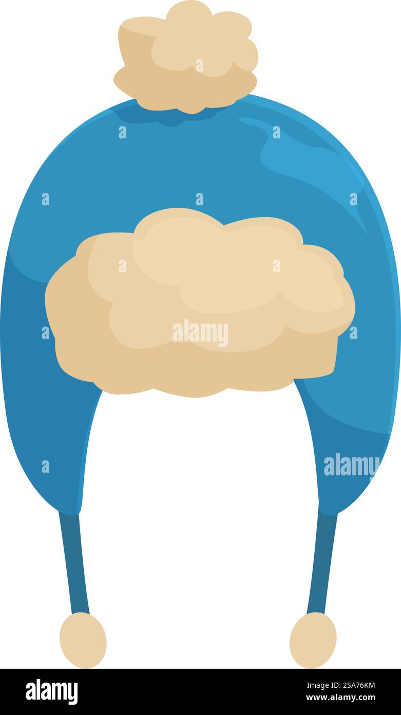 Blue winter hat with ear flaps tied under chin keeping ears warm during cold weather. Blue ...