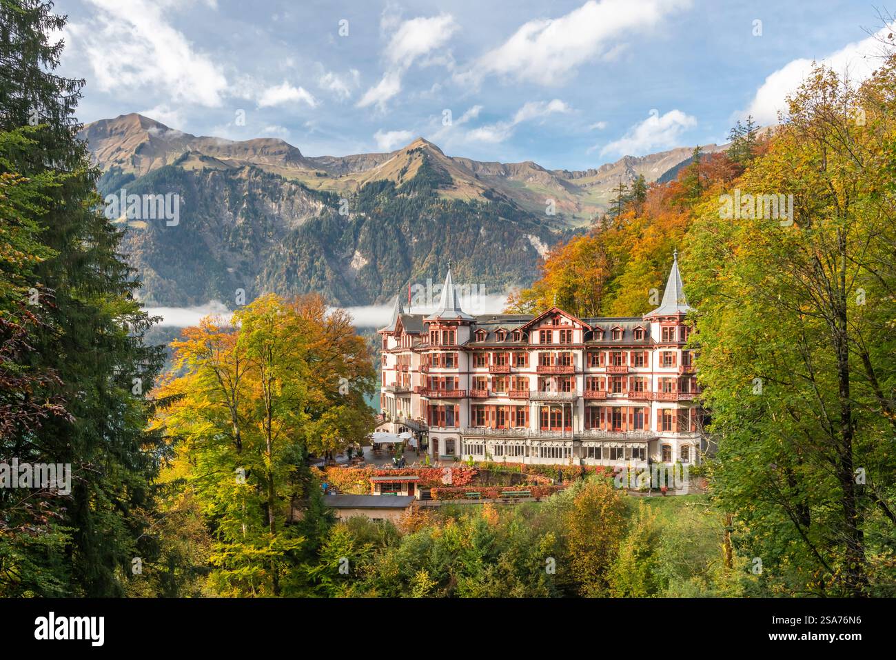 The Grand Hotel Giessbach with fall foliage color near Brienz ...