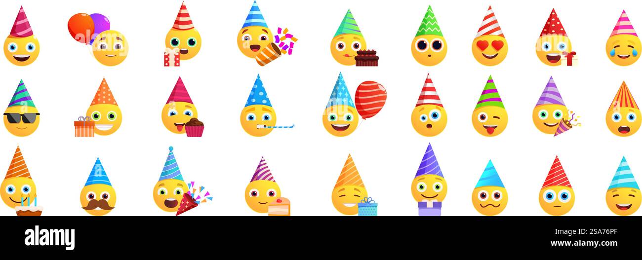 Birthday emoji icons set. Set of various yellow emojis wearing birthday ...