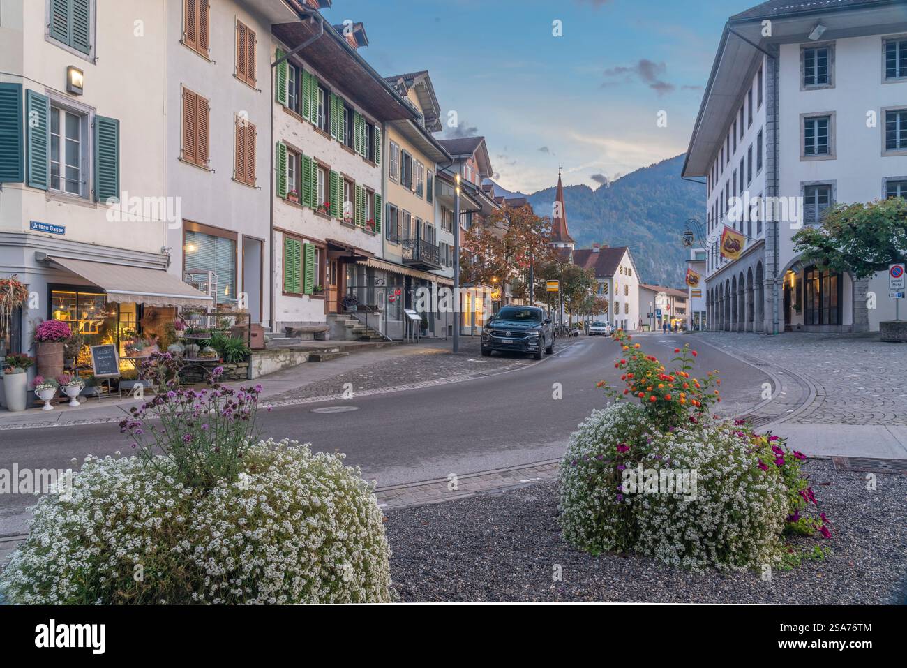 City street in downtown Interlaken, Switzerland, Europe Stock Photo - Alamy