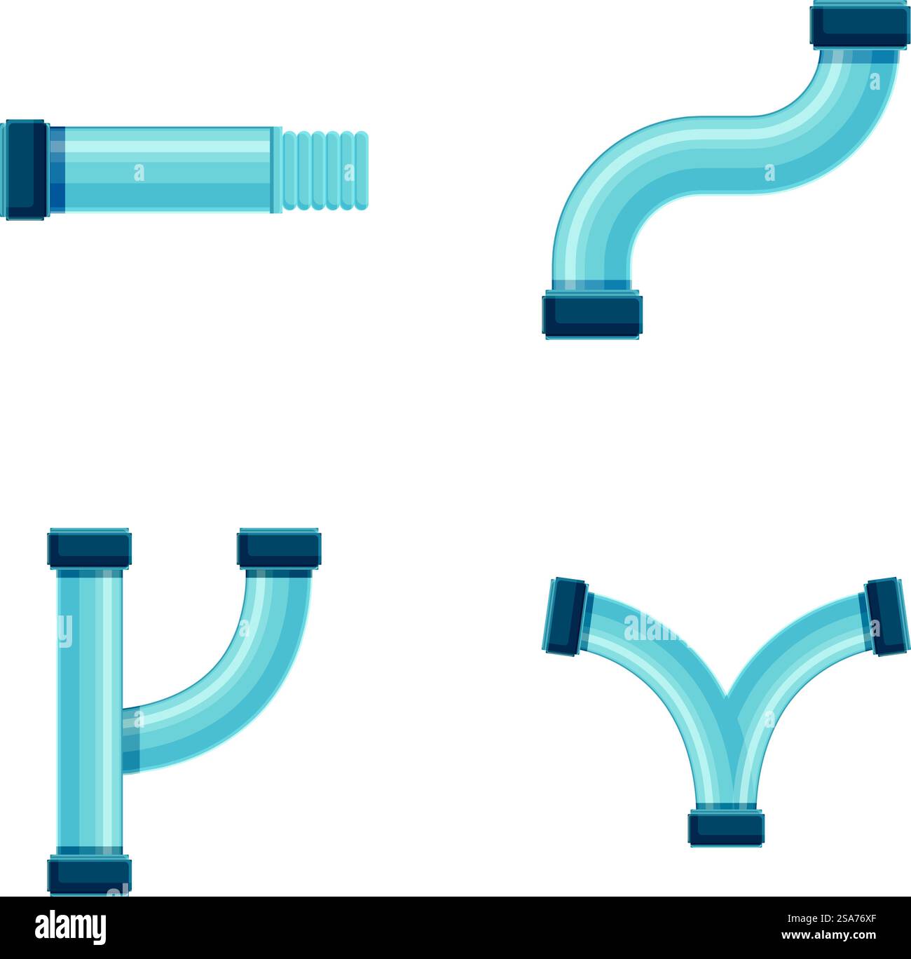 Pipe sewage icons set cartoon vector. Pipeline part, valve and plumbing ...