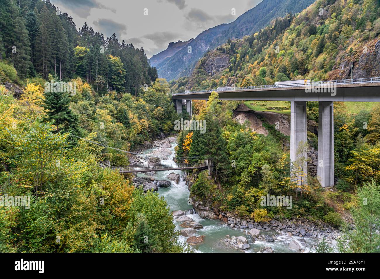 An elevated expressway along the Gotthard Pass, Switzerland, Europe ...