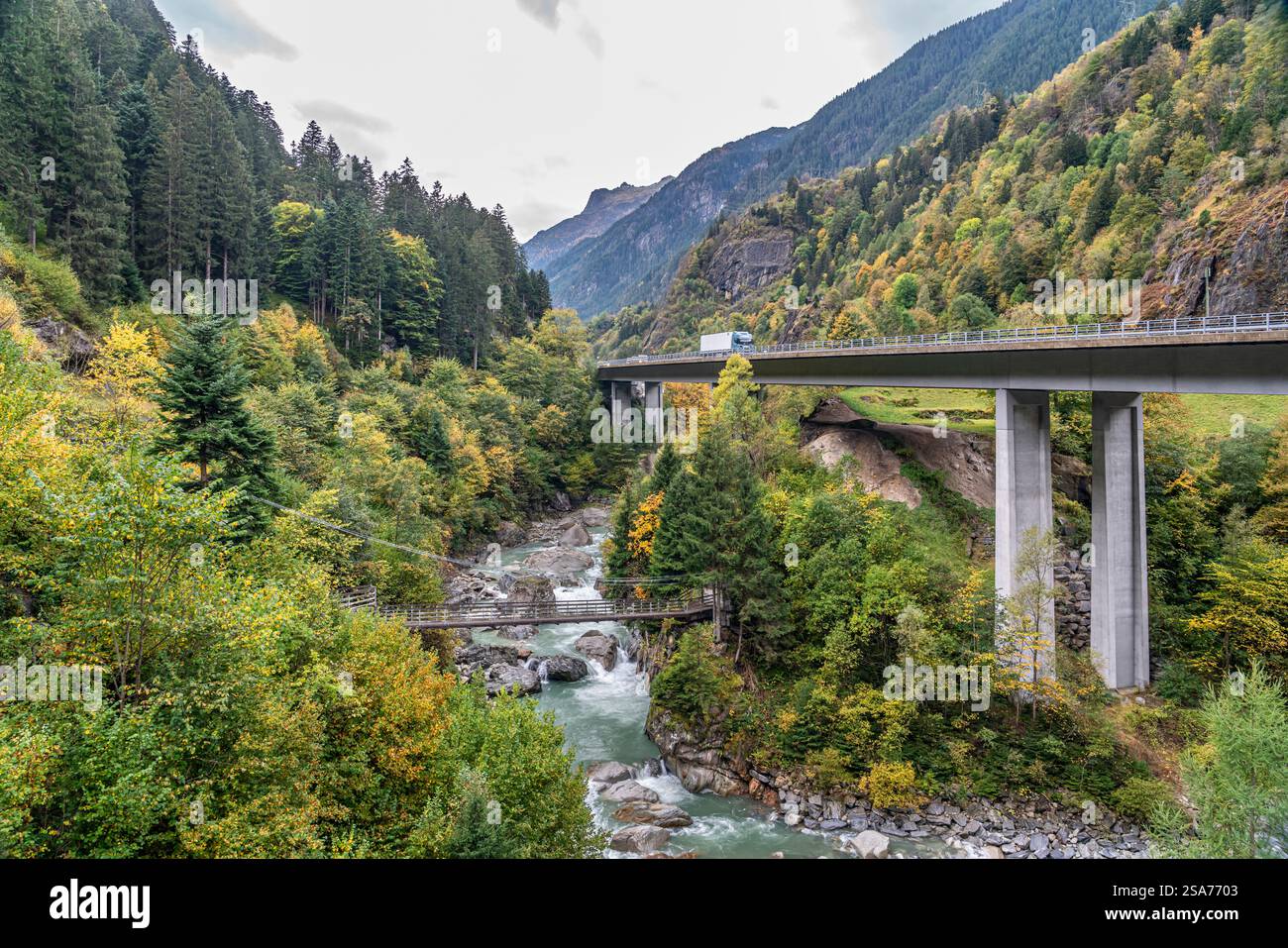 An elevated expressway along the Gotthard Pass, Switzerland, Europe ...
