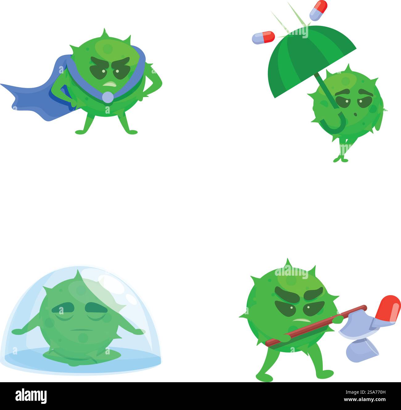 Pill resistance icons set cartoon vector. Dangerous virus defeating ...