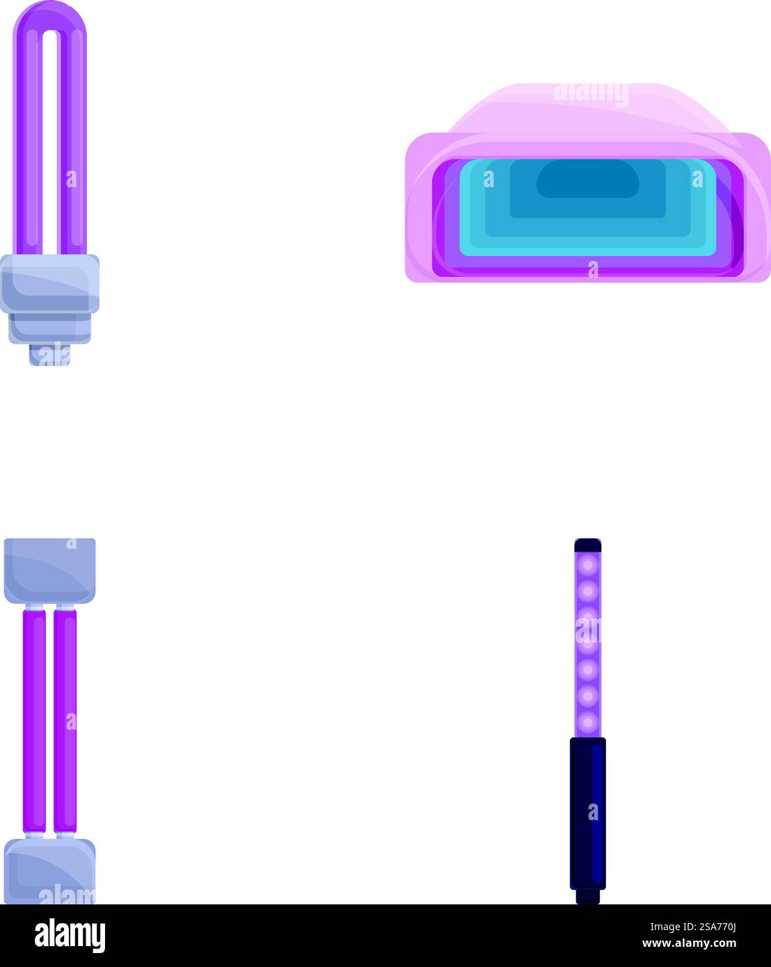 Bactericidal lamp icons set cartoon vector. Luminous lamp with ultraviolet ray. Device with ...