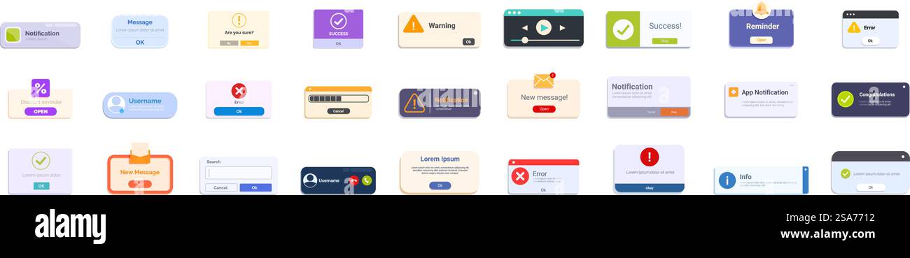 Alert box ui icons set. Collection of modern flat style notification windows displaying ...