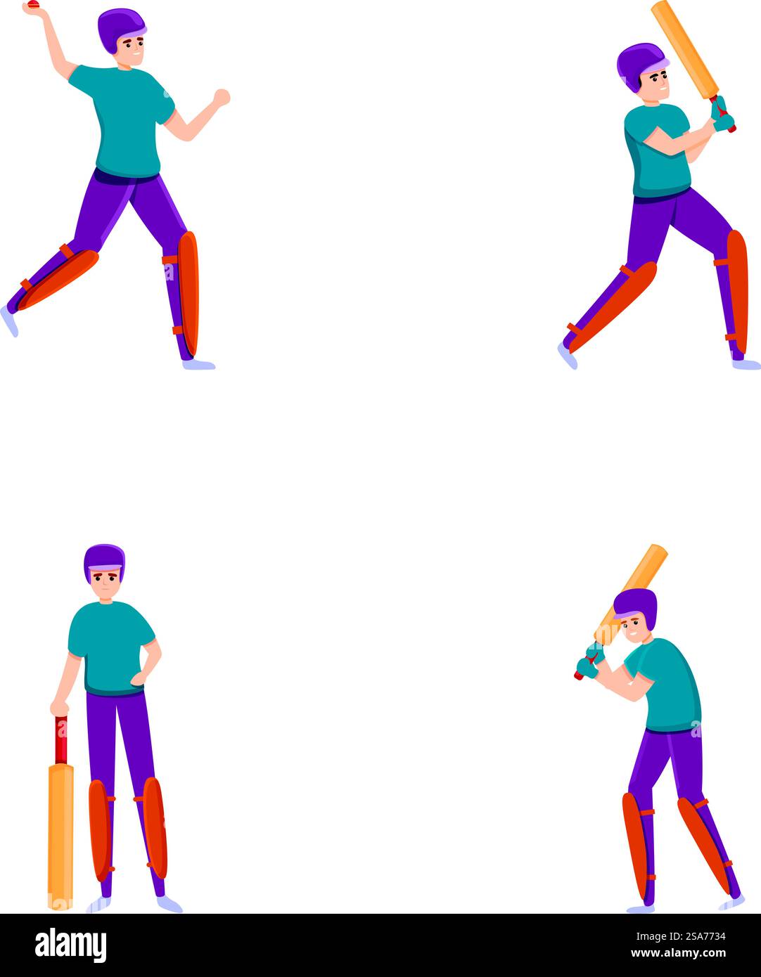 Batsman character icons set cartoon vector. Cricket player with bat and ...