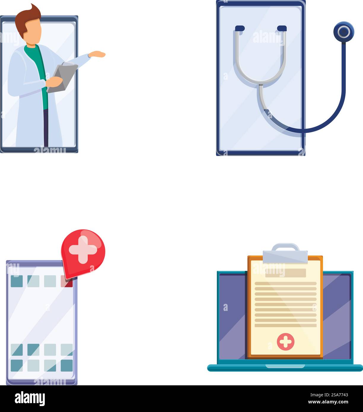 Digital medicine icons set cartoon vector. Virtual doctor treatment ...