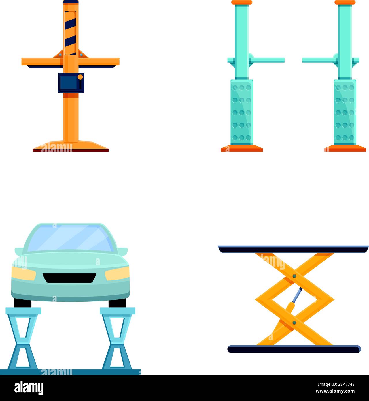 Automotive inspection icons set cartoon vector. Car lift stand tower ...