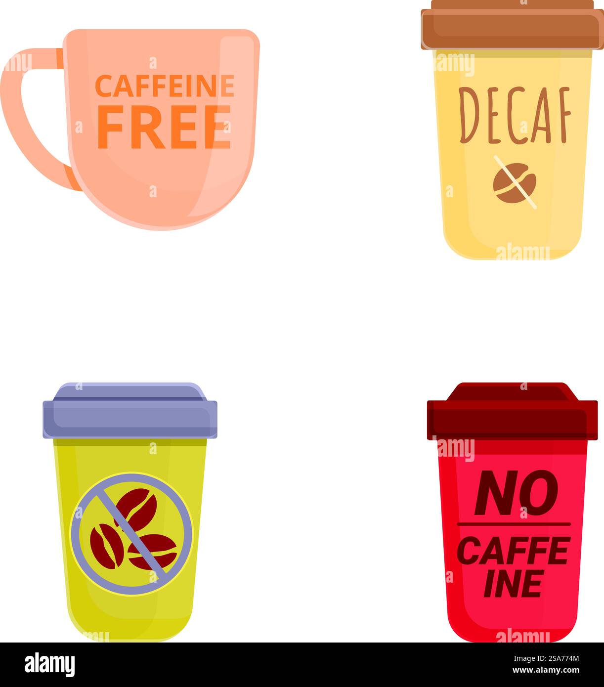 No caffeine icons set cartoon vector. Various cup of decaf coffee ...