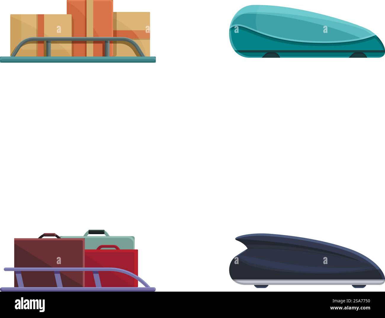 Car rack icons set cartoon vector. Various car roof plastic box. Travel ...