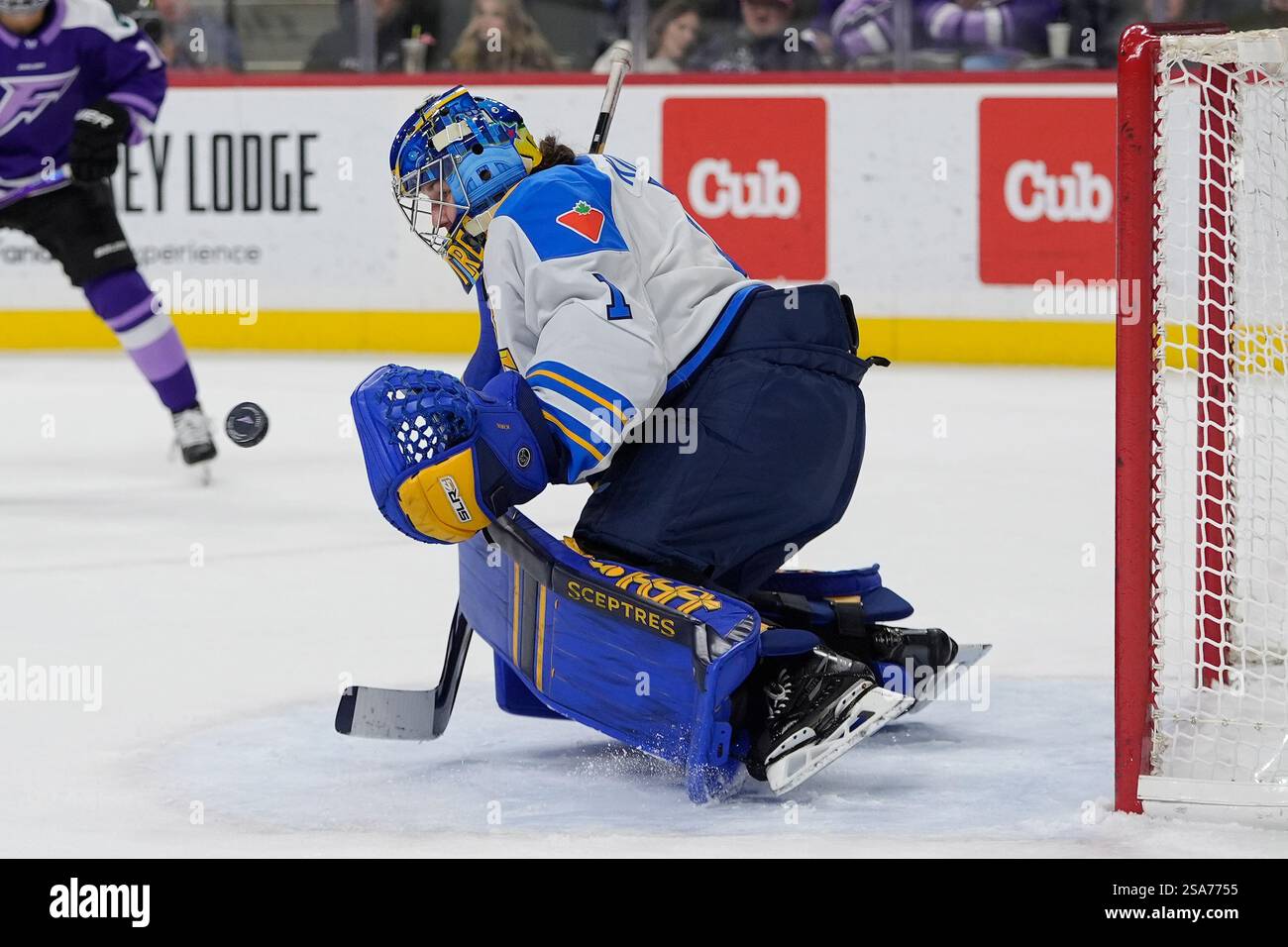 Toronto Sceptres goaltender Raygan Kirk stops a shot during the first ...
