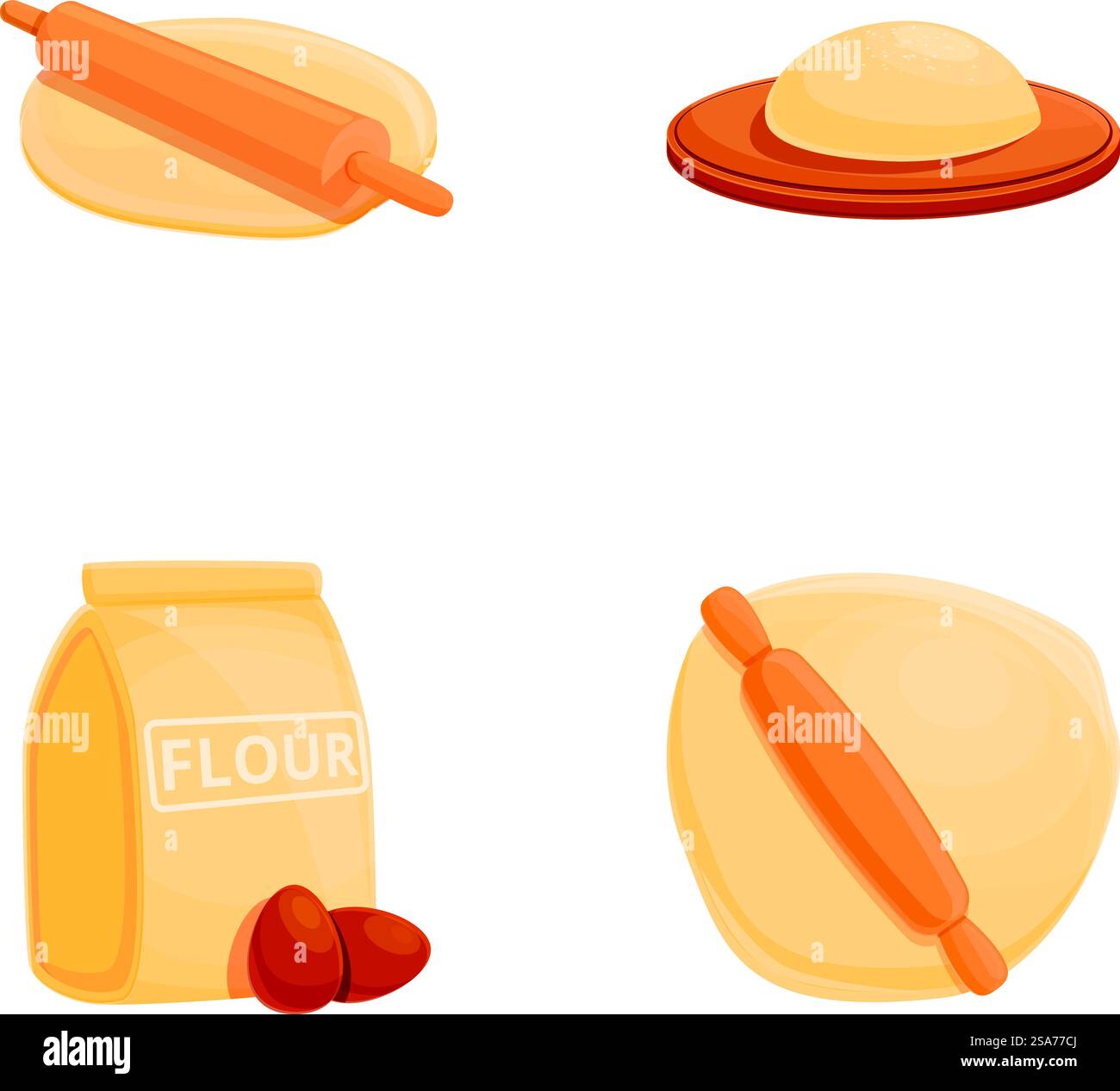 Preparing dough icons set cartoon vector. Kneading and rolling out ...