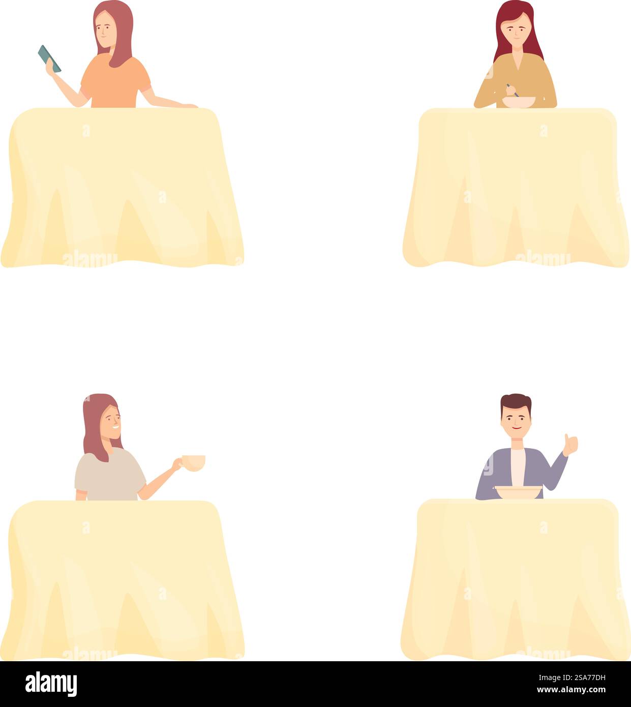 Set of four people with confident poses presenting speeches at podiums ...