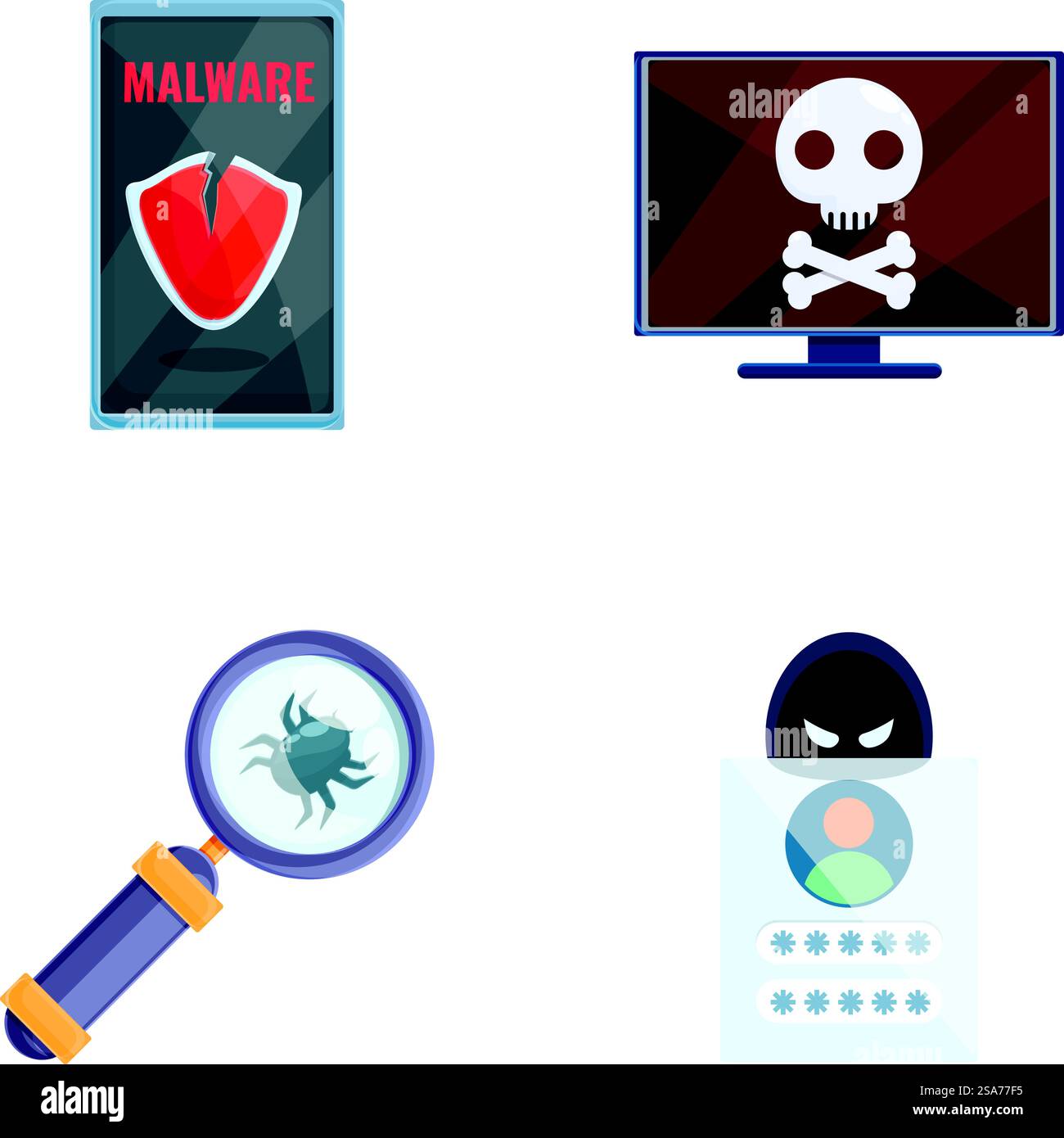 Cybercrime icons set cartoon vector. Computer bug, mobile spam and cyber attack. Internet ...