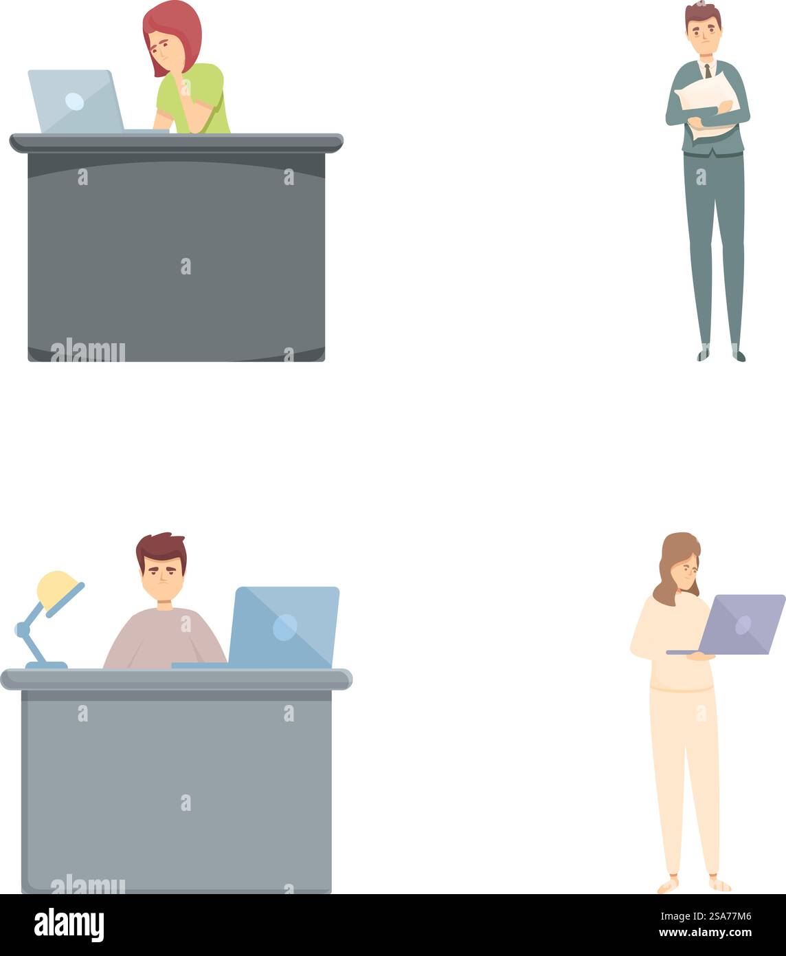 Overtime worker icons set cartoon vector. Office employee working ...