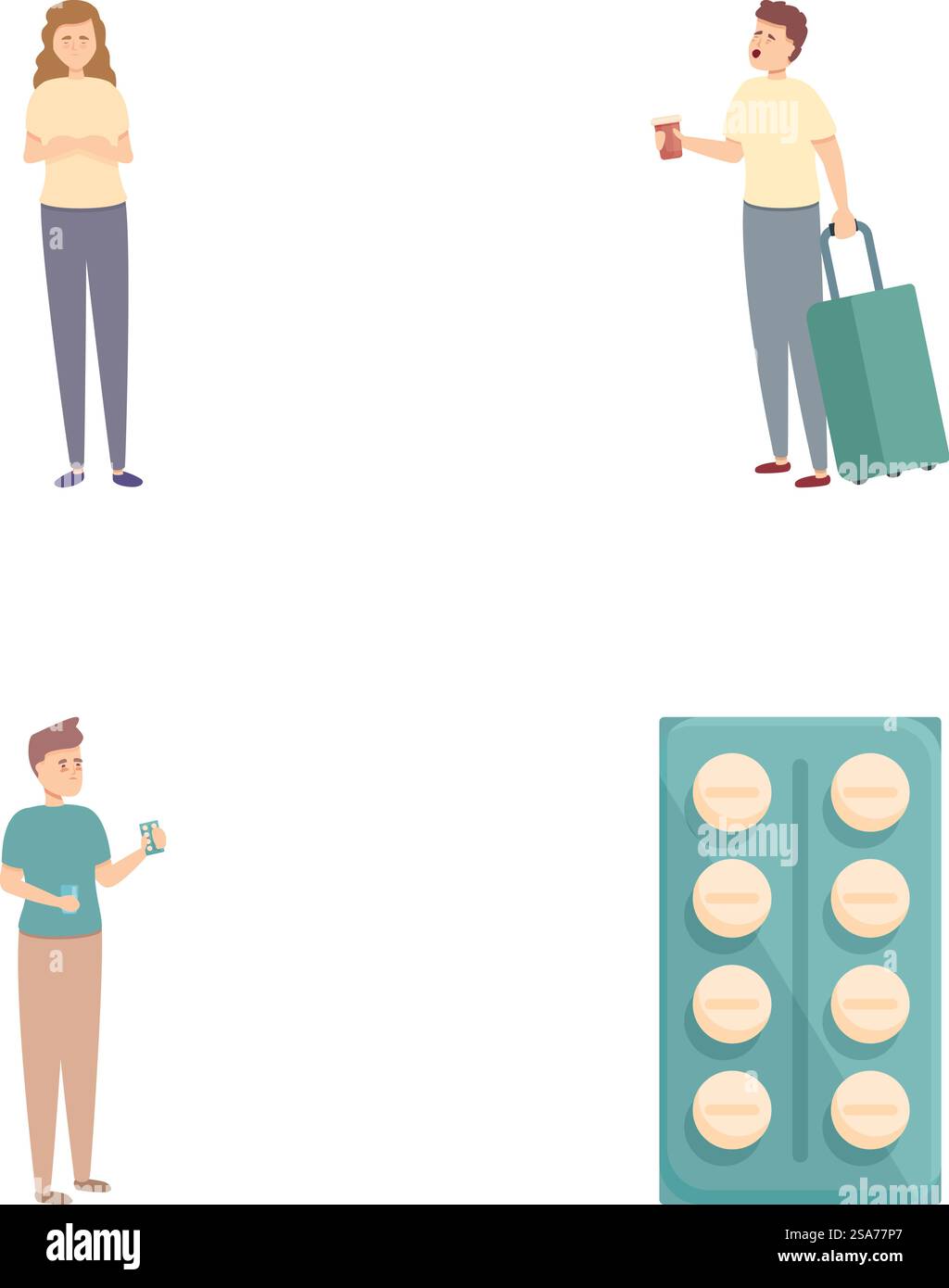 Time lag icons set cartoon vector. Tired tourist after air travel ...