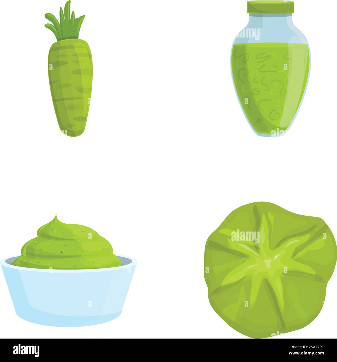 Spicy wasabi icons set cartoon vector. Fresh wasabi in bottle and bowl ...