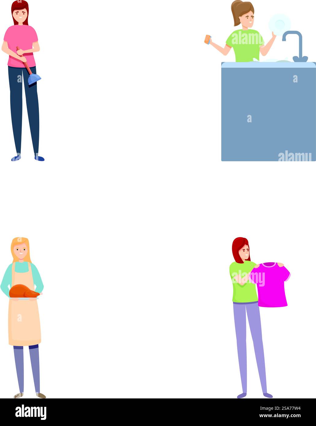 Happy housewife icons set cartoon vector. Housewife cleaning and ...