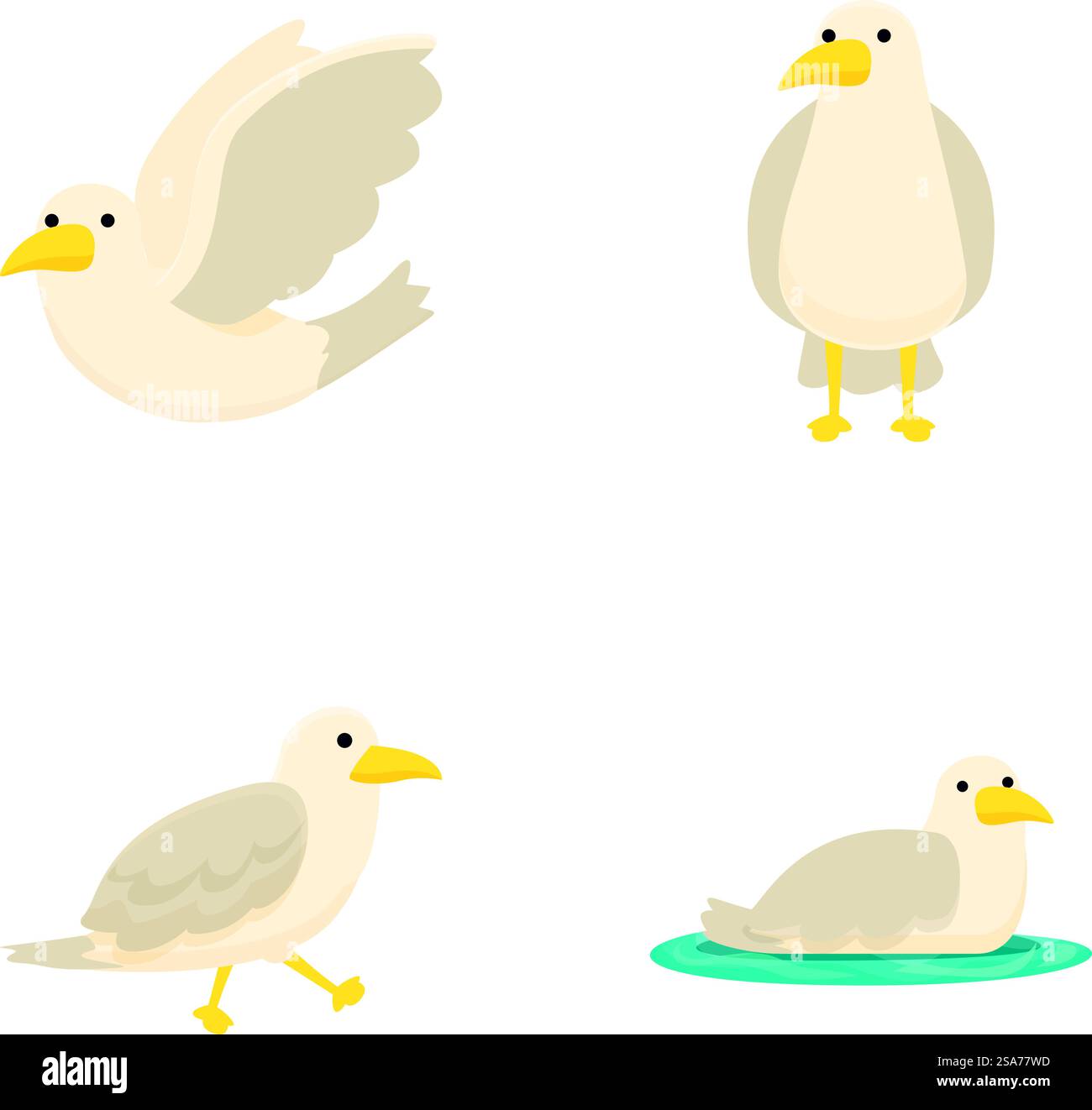 Four vector illustrations of cute cartoon seagulls in different poses ...