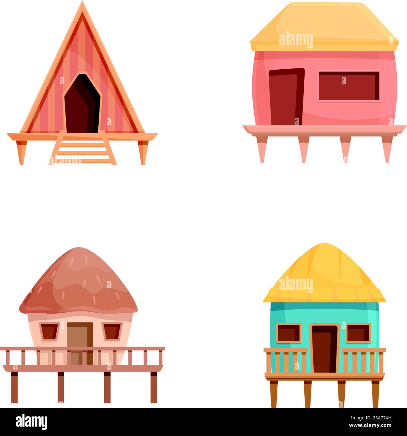 Beach hut icons set cartoon vector. Wooden bungalow or island resort ...