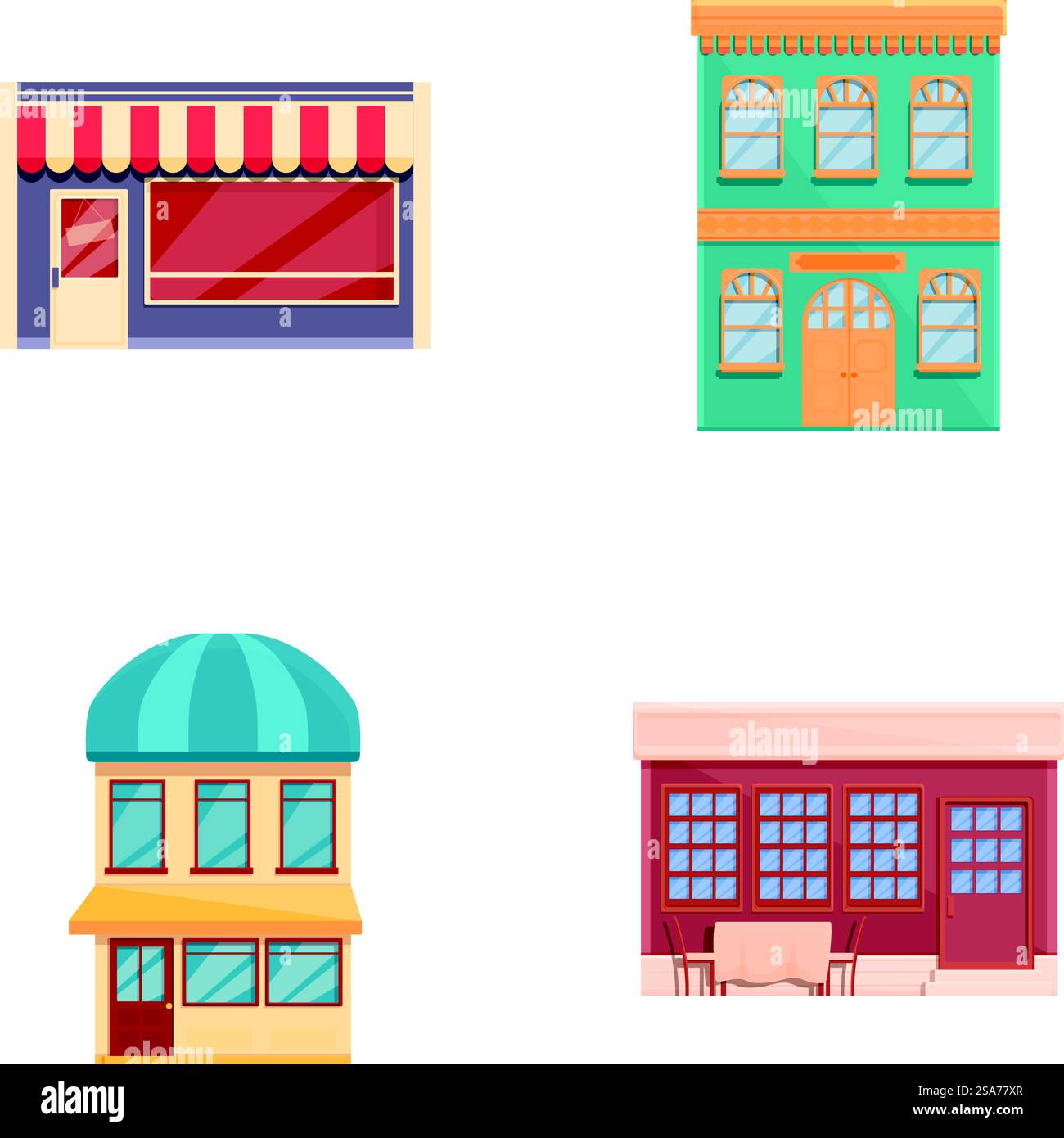 City cafe icons set cartoon vector. Colorful facade of cafe with canopy ...