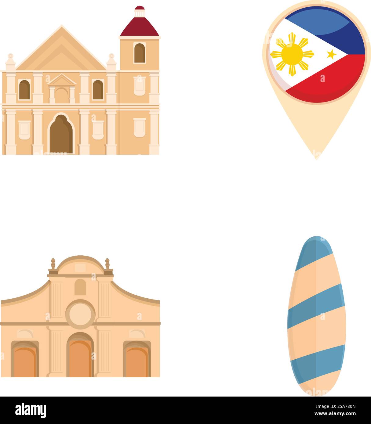 Philippines landmark icons set cartoon vector. Philippine flag and ...