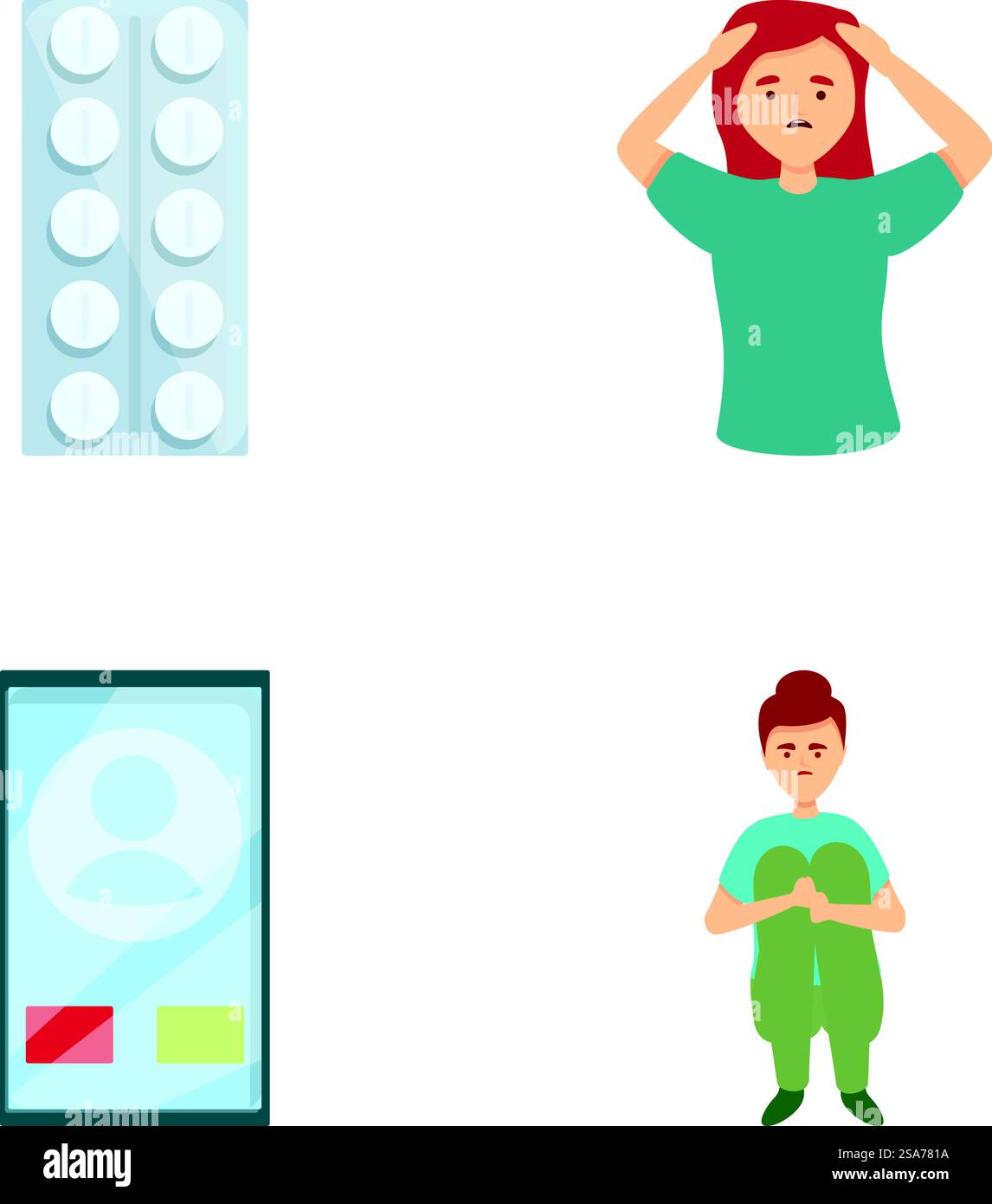 Panic attack icons set cartoon vector. Anxious and afraid woman ...