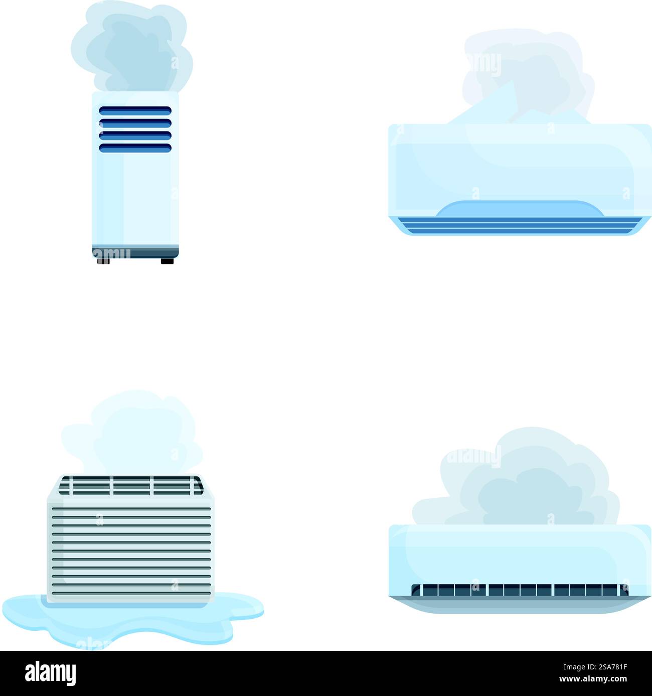 Room conditioner icons set cartoon vector. Smoldering broken air ...