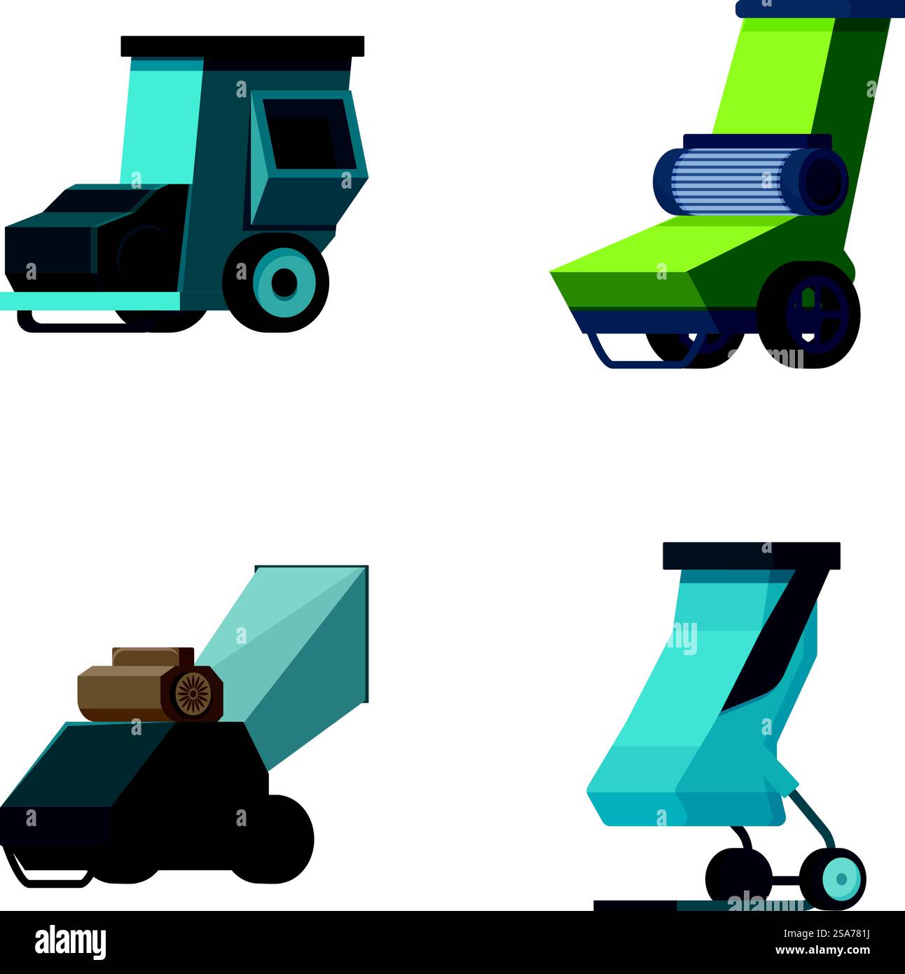 Collection of four stylized cartoon dump trucks in various colors ...