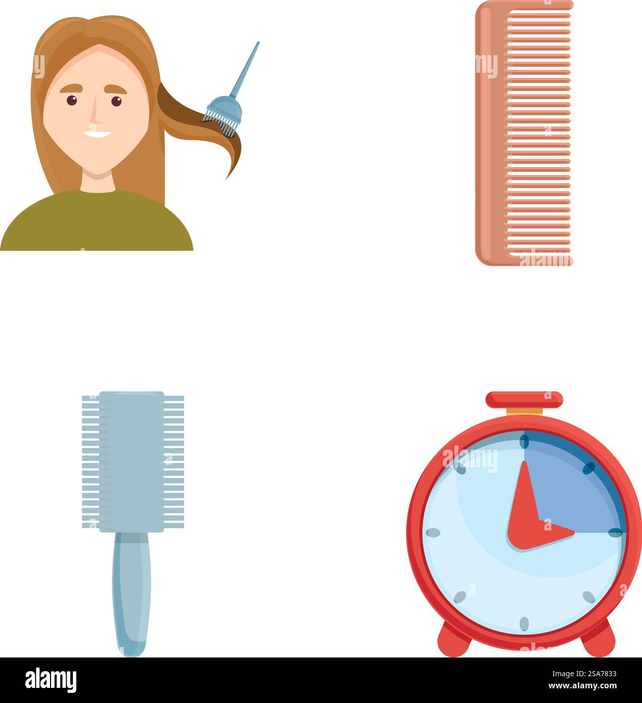 Hair dye icons set cartoon vector. Girl and equipment for hair coloring ...