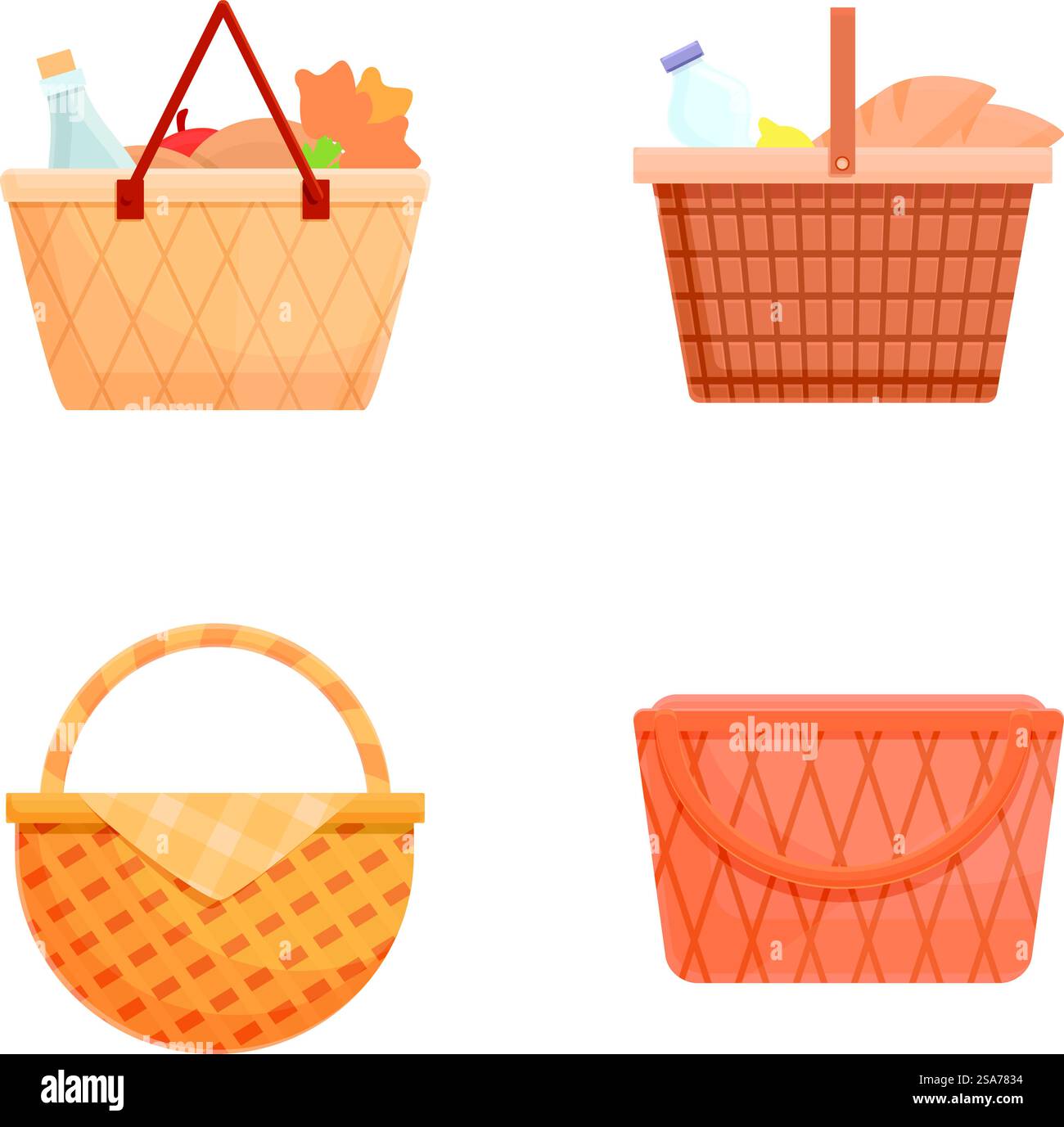 Picnic food icons set cartoon vector. Picnic basket filled with various ...