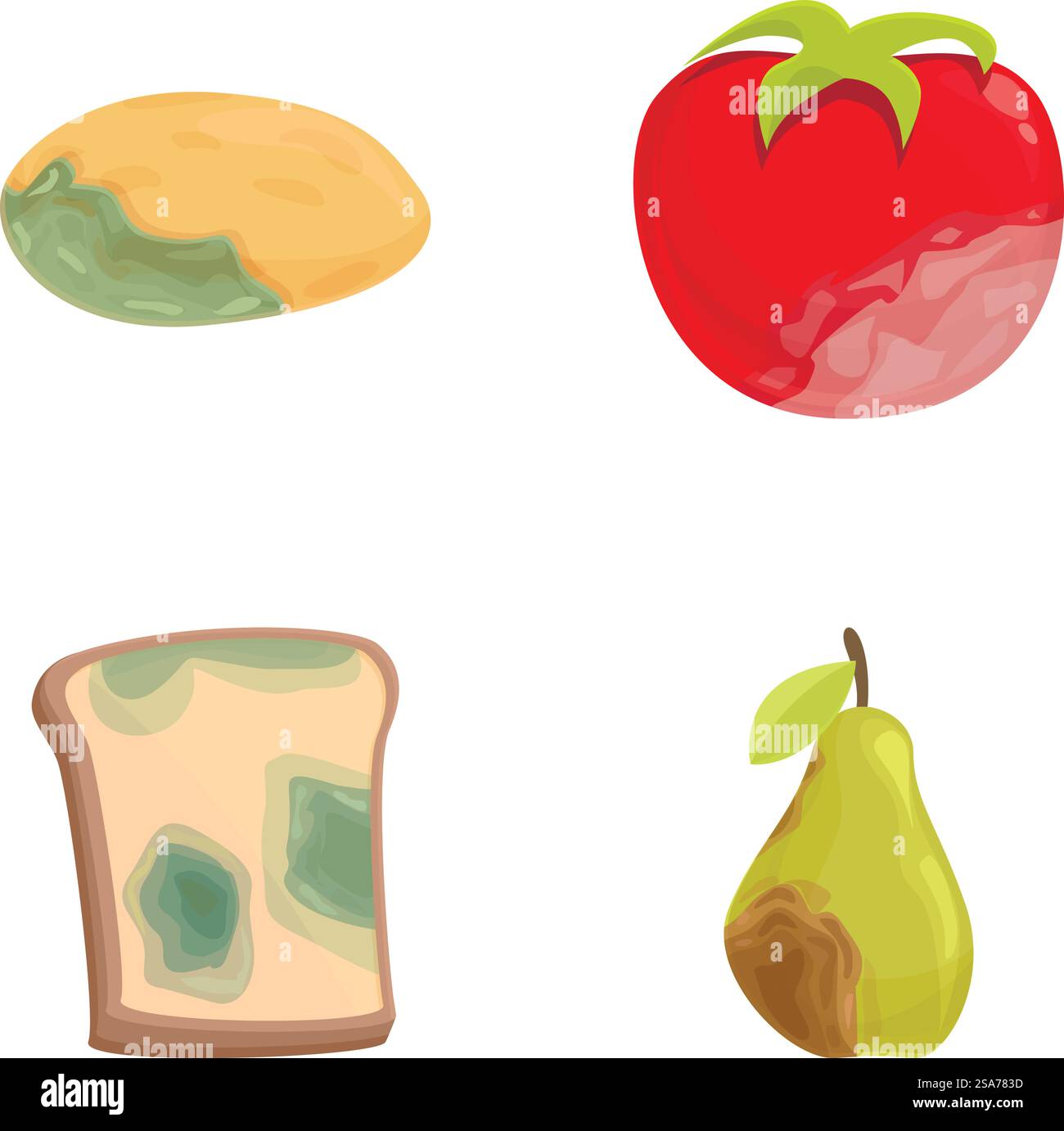 Expired food icons set cartoon vector. Spoiled and damaged product ...