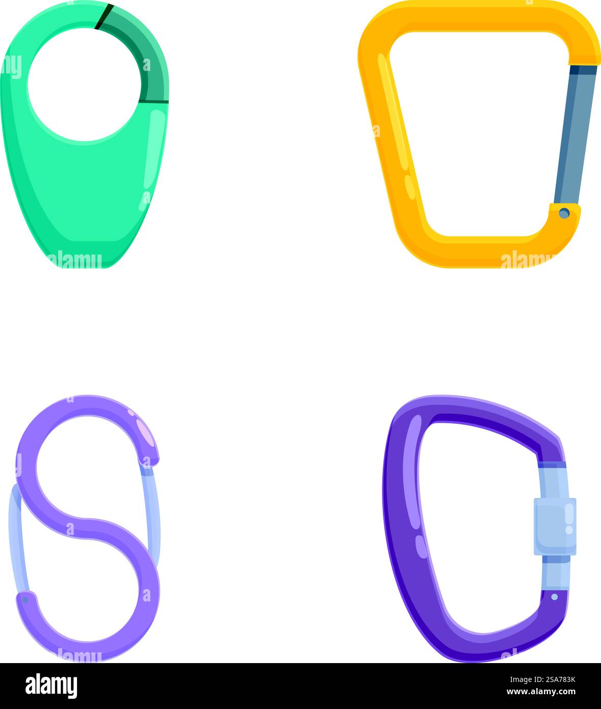 Illustration of four variously shaped and colored carabiner clips ...