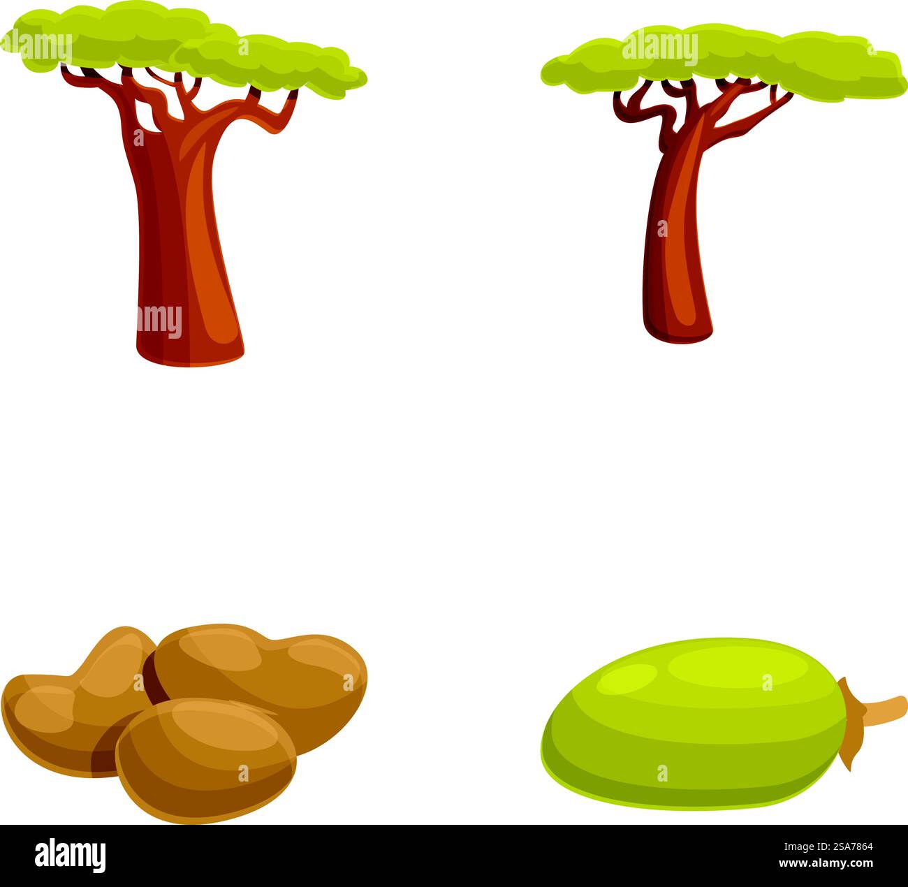 African baobab icons set cartoon vector. Baobab tree and fruit with ...
