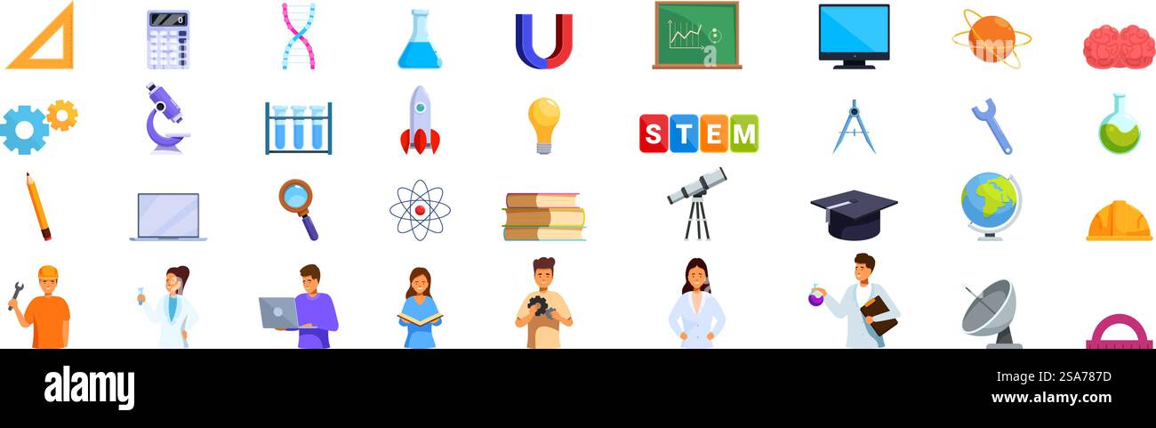 Stem education icons set. Scientists and engineers working using ...