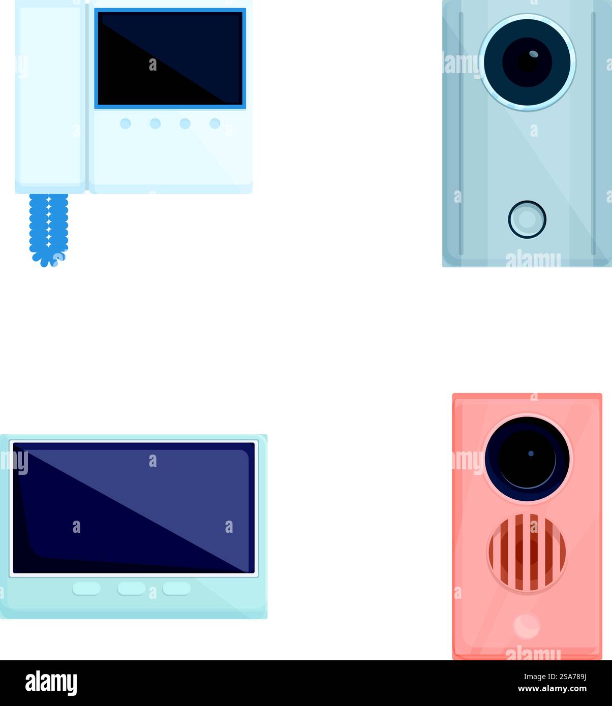 Door phone icons set cartoon vector. Video audio intercom entry system. Entrance security device ...