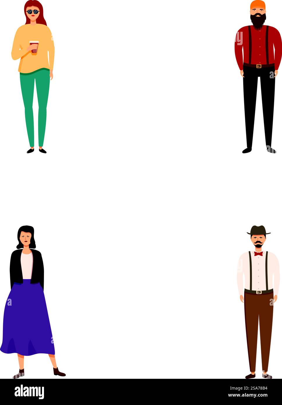 Collection of four cartoon adults in casual and business attire ...